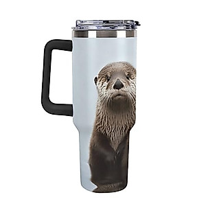 LLUTSNTH 40 Oz Vacuum Tumbler with Black Handle Leakproof Insulated Tumbler Cute Otter Stainless Steel Travel Mug with Lid And Straw Coffee Cup Cute Water Bottles Cup Holder Friendly