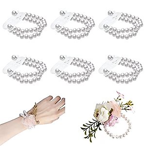 6PCS Pearl Wrist Corsage Bands Bride Elastic Pearl WristBand Corsage DIY Stretch Pearl Wedding Wrist Handmade Corsage Accessories for Wedding Party Bride Bridesmaid Christmas Thanksgiving