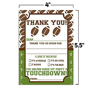 Football Touchdown Thank You Notes for Boys, Ten 4" x 5.5" Fill In The Blank Cards with 10 White Envelopes by AmandaCreation