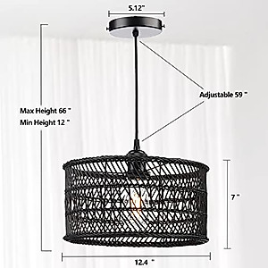 HOONEX Rattan Chandelier, Rattan Light Fixture Ceiling, 12.4" Wicker Pendant Light for Dining Room Bedroom Kitchen Island, Black