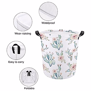 RENJUNDUN Watercolor Cactus Laundry Basket Foldable Laundry Hamper with Handles Collapsible Laundry Bucket for Toy Clothes Book, 17.3'' H x 16.5''D