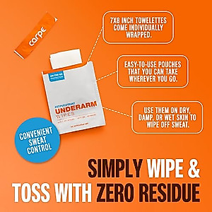 Carpe Antiperspirant Underarm Wipes for Sweat Blocking, Deodorizing, and Cleansing When You’re On the Move - 15 Residue Free, Individually Wrapped Wipes - Clean and Refreshing Scent