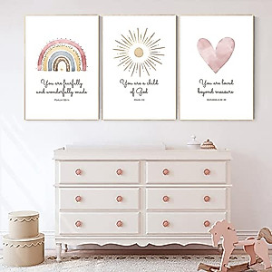 Boho Nursery Wall Art 3 Pieces Bible Verse Nursery Art Christian Girls Nursery Wall Art Heart Rainbow Sun Nursery Art Print Boho Sunshine Nursery Decor for Girl Baby Kid Room Decor 12x16 Inch Unframed