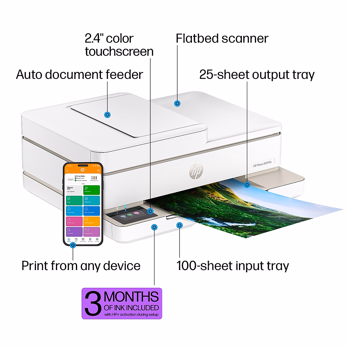 HP Envy 6555e Wireless All-in-One Color Inkjet Printer, Print, scan, Copy, Duplex Printing Best-for-Home, 3 months of Instant Ink included (714N5A)