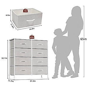 LYNCOHOME Dresser for Bedroom with 8 Drawers, Fabric Dresser for Baby Kids, Dresser Organizer, Sturdy Steel Frame, Lightweight and Movable Chest of Drawers, Snow Gray