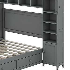 BEBPILOO Full Size Wooden Bed with All-in-One Cabinet and Shelf for Kids,Teens (Gray)