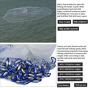 Drasry Fishing Cast Net with Aluminum Ring 3/8 or 1/2 Mesh for Saltwater Freshwater Bait Shrimp Trap Fish Throw Net Size 4FT/5FT/6FT/7FT Radius White Monofilament 4FT Radius