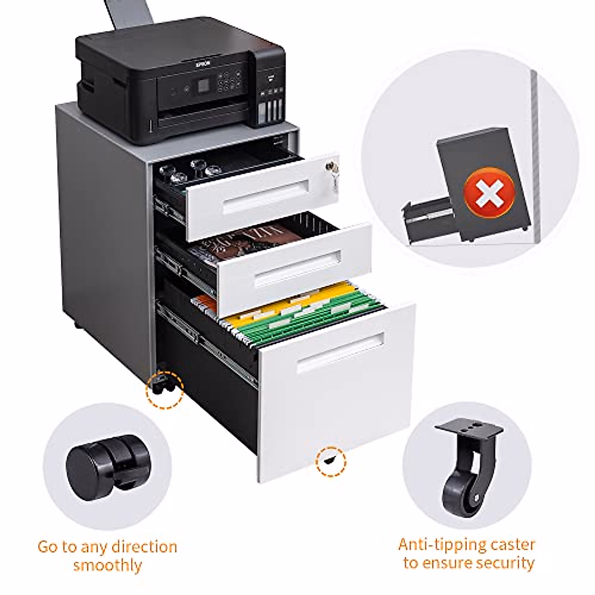 3-Drawer Mobile File Cabinet with Lock, Office Storage Filing Cabinet for Legal/Letter Size, Pre-Assembled Metal File Cabinet Except Wheels Under Desk (White+Gray)