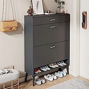 Shoe Cabinet for Entryway Slim, Freestanding Tipping Bucket Shoe Organizer Cabinet with 2 Flip Drawers & Open Shelves for Entryway, Hallway, Grey
