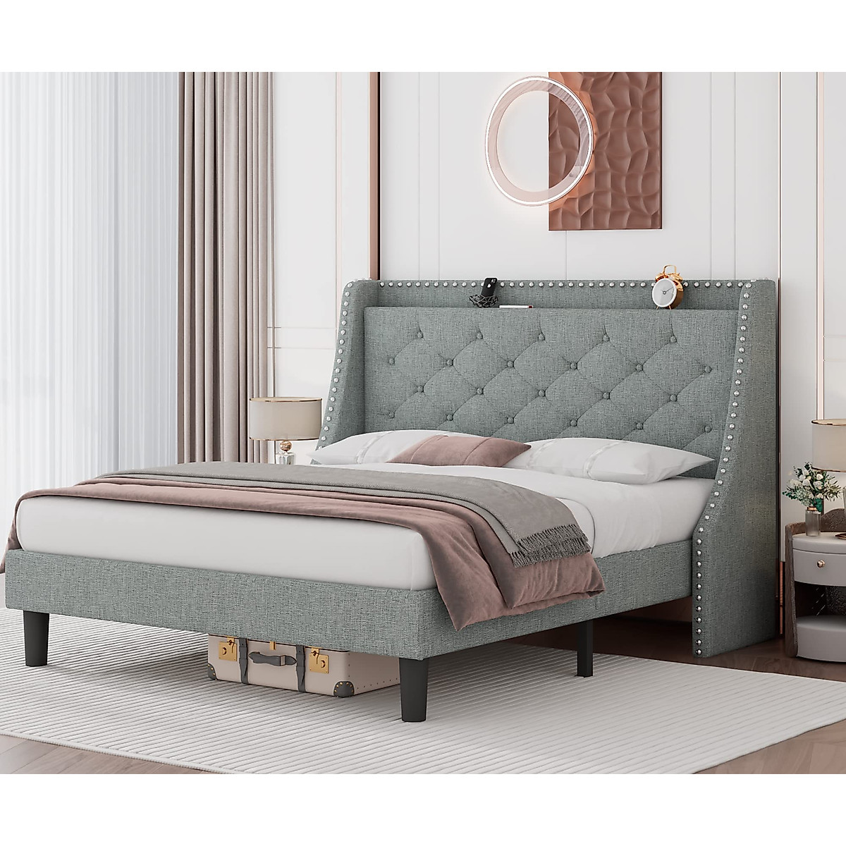 Feonase Upholstered Queen Bed Frame with Wingback Headboard, Deluxe Platform Bed Frame with Diamond Tufting & Storage Shelf, Wood Slats, Noise-Free, No Box Spring Needed, Easy Assembly, Light Gray