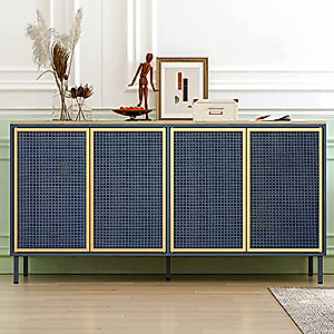 ORRD Accent Cabinet, Sideboard Buffet Cabinet Kitchen Storage Cabinet Console Televison Table with 4 Iron Rattan No Handle Pop-up Doors and Adjustable Shelves for Living Room, Dining Room (Blue Gold)