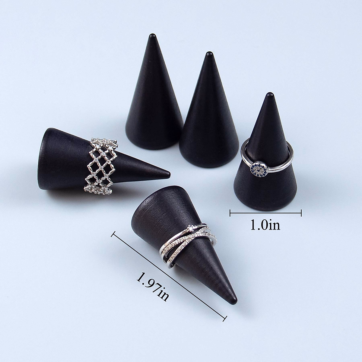 AUEAR, 10 Pack Wood Cone Ring Holder Finger Jewelry Display Stand DIY Craft Wooden (Black, Vertical Shaped)