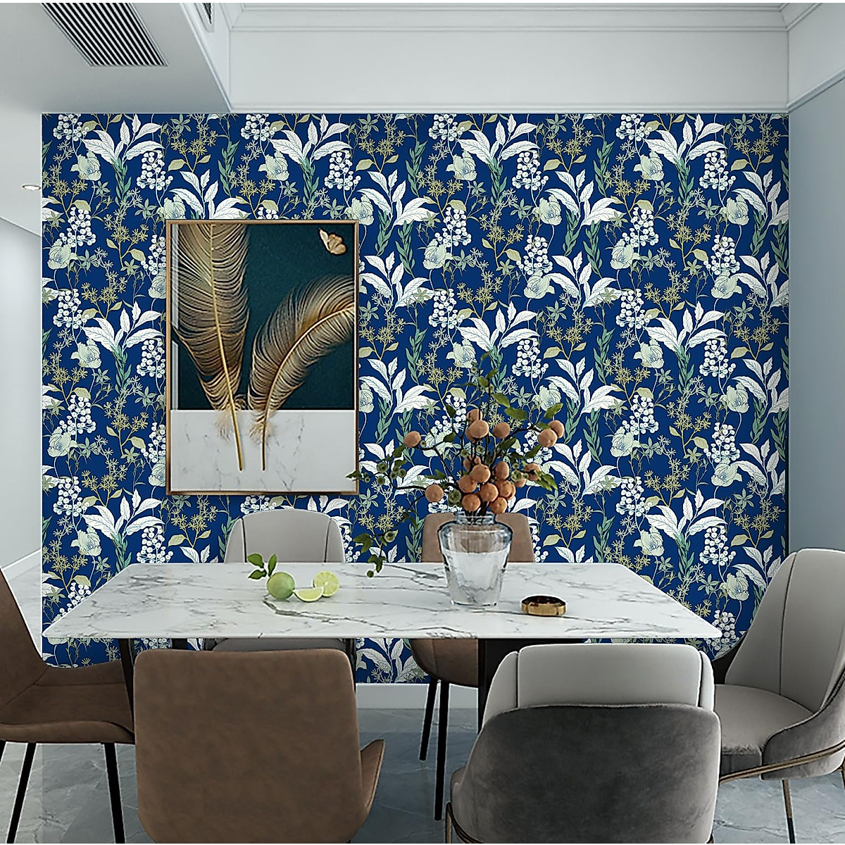 Yasinet Peel and Stick Wallpaper Boho Blue Wallpaper Removable Floral Self-Adhesive Contact Paper Vintage Blue Wallpaper for Walls Bedroom Vinyl Rolls 15.75inch × 78.7 inch