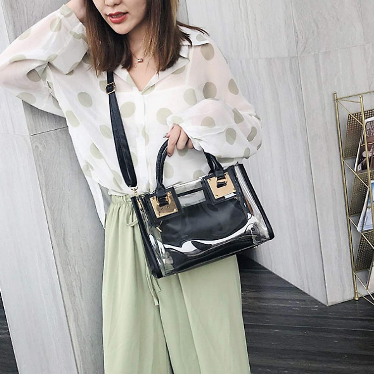 RainboSee Women 2Pcs Small Tote Clear Shoulder Top-handle Bag PVC Transparent Satchel Candy Handbag Clutch Purse Wallet Black