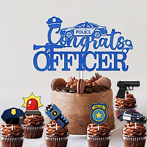 Blue Glitter 1pcs Cake Topper 12pcs Cupcake Topper Pick for Congrats Officer Policeman Theme Decor Supplies Boys Girls 2024 College Graduation Party Decorations