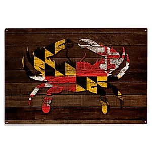 Lantern Press 10x15 Inch Wood Sign, Ready to Hang Wall Decor, Maryland, Dark Rustic State Flag, Crab, Image Only