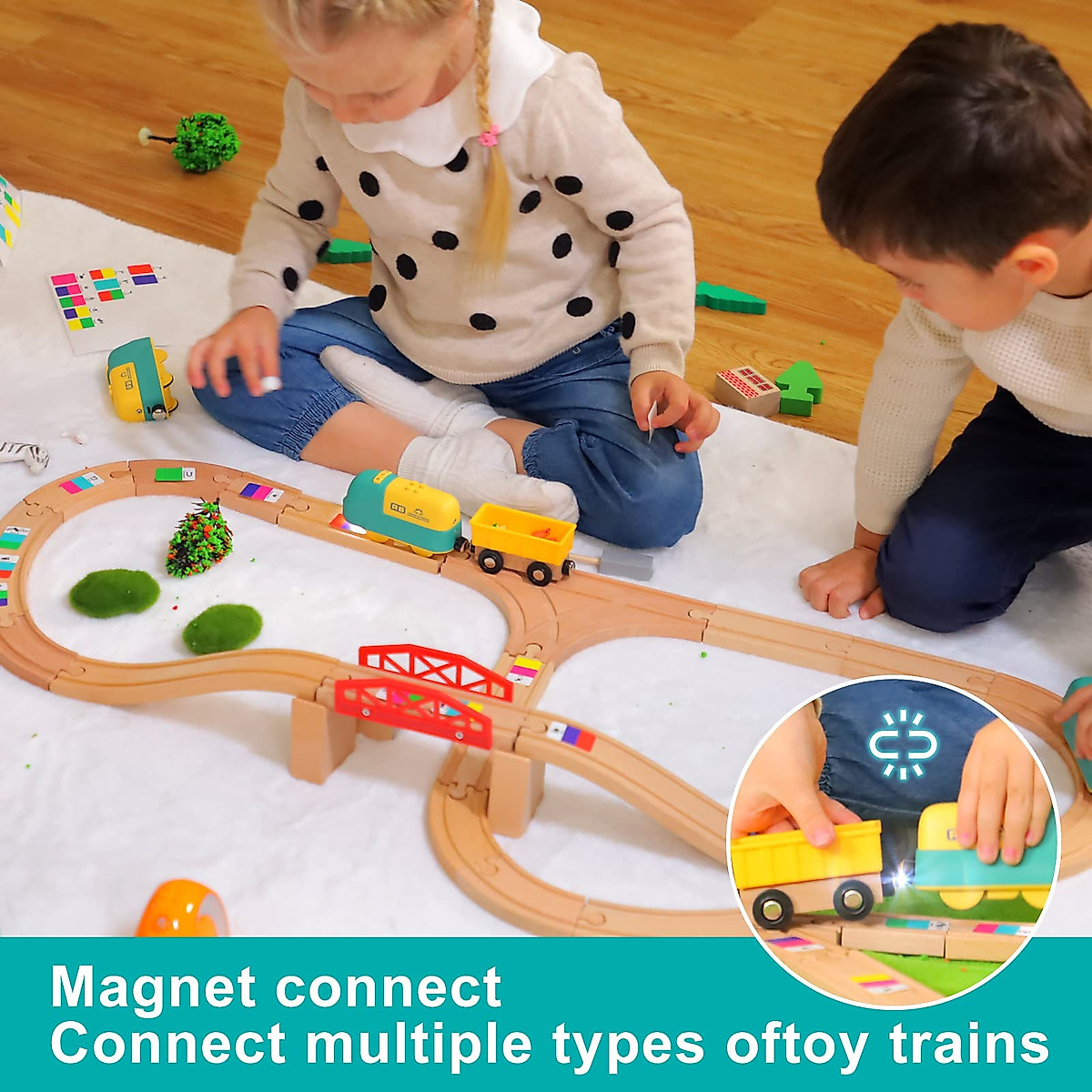Robobloq Coding Train Set, 22 Functions Lights & Music, 3 Modes, Compatible to Major Wooden Train Tracks and Building Blocks, Great Gifts of STEM Toys for Children Aged 3-7
