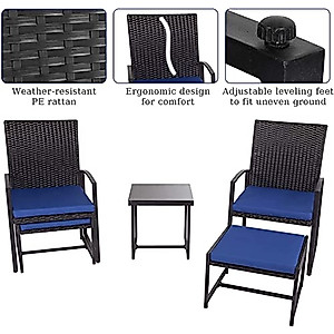 kinbor 5 Pieces Wicker Patio Furniture Set - PE Rattan Outdoor Patio Chairs with Ottomans Conversation Sets with Glass Coffee Table and Cushions for Poolside, Garden, Balcony, Porch (Dark Blue)