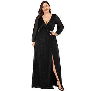 Ever-Pretty Women's Leg Slit V-Neck Sparkle Plus Size Evening Party Dress with Sleeves Black US14