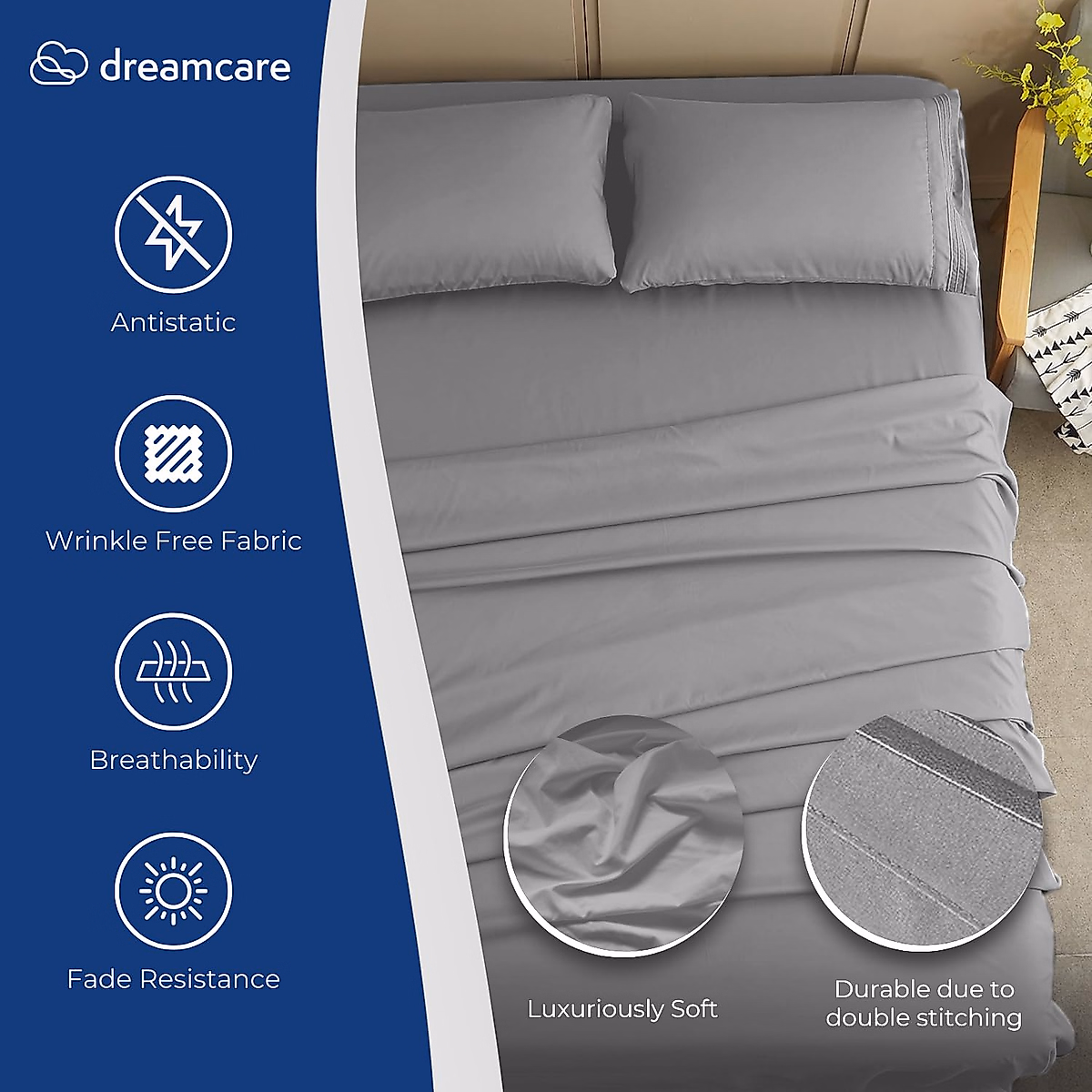 DREAMCARE Full Size Sheets - Cooling Bed Sheets - 4pcs Set - up to 15" Deep Pocket Full Sheet Set - Sheets Full Size Bed - Soft & Long Lasting 100% Fine Brushed Polyester with Side Pocket - LightGray