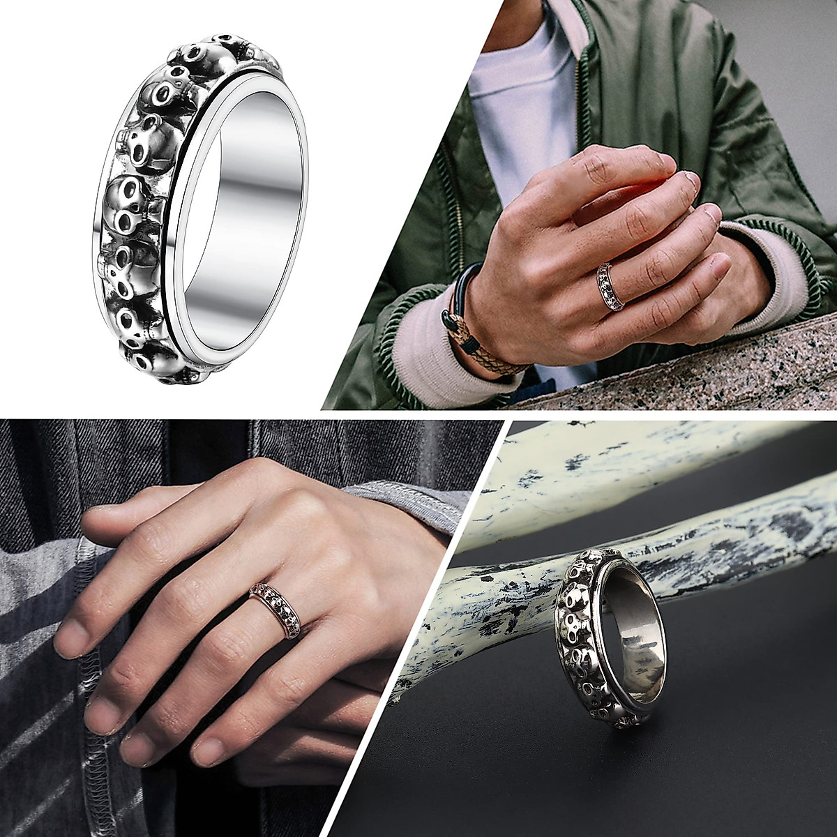 MUSECLOUD Skull Ring Punk Fidget Ring For Women Men Stainless Steel Thumb Anxiety Ring Vintage Cool Gothic Spinner Band Anti Anxiety Stress Relief Jewelry (Silver, 7)
