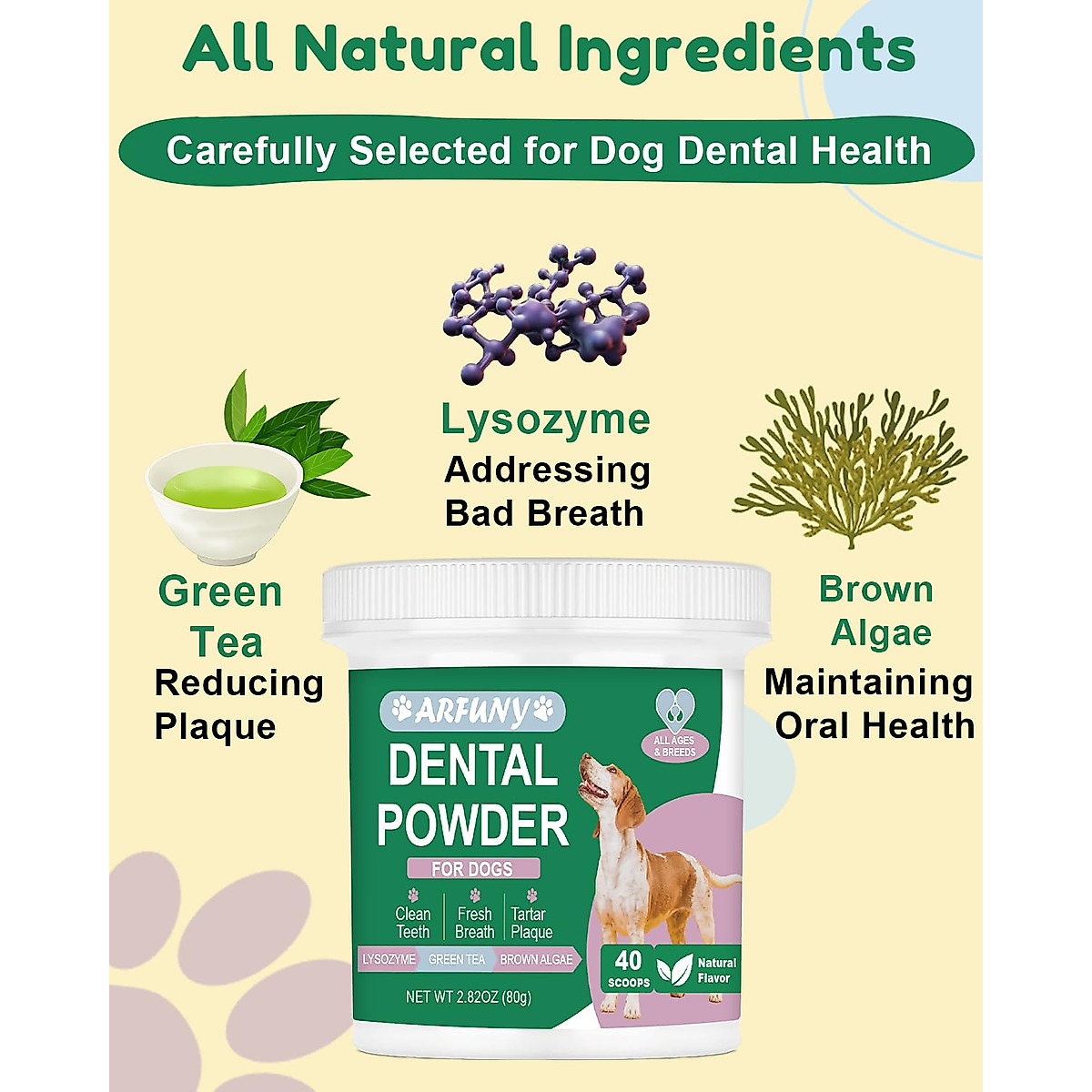 SANTKOL Dog Dental Powder - Dog Teeth Cleaning Powder with Green Tea, Lysozyme, Brown Algae - Dog Dental Care Targets Tartar, Plaque & Bad Breath - Dog Breath Freshener - for All Dogs, 80g