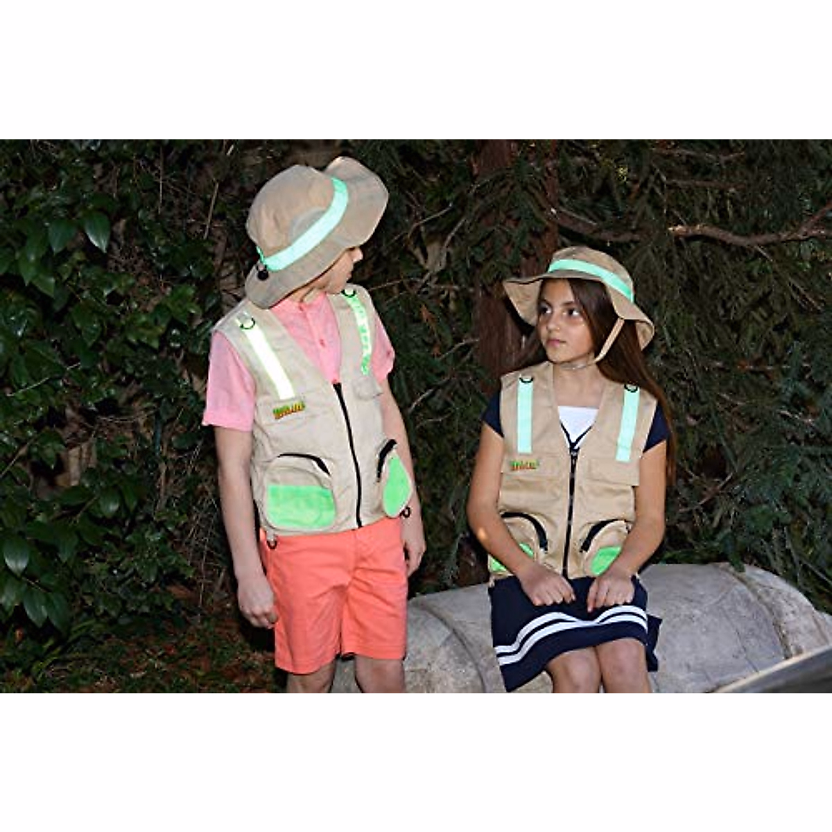 Eagle Eye Explorer S/M Combination Set Safe for Boys and Girls: 1 Tan Cargo Vest for Kids with Reflective Safety Straps & 1 Floppy Bucket Sun Hat with Chin Strap. Color: Tan