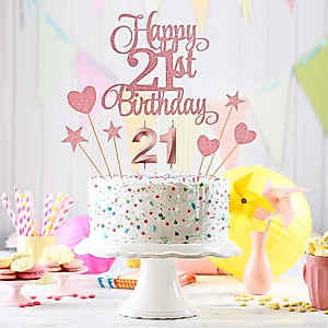 Lecferrarc 21st Birthday Cake Decorations, 21st Birthday Candles Cake Numeral Candles and Glitter Happy 21st Birthday Cake Toppers Set for Birthday Party Supplies (Rose Gold)