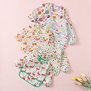 ElecMotive 5 Pack Long Sleeve Bib,Baby Toddler Waterproof Sleeved Bib for 6-30 Months Reusable with Catch-all Pocket