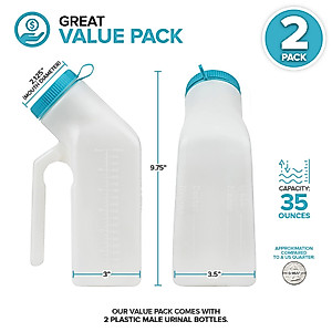 Male Urine Bottles 2 Pack (35 oz), Portable Urinals for Men Spill Proof Nighttime, Pee Bottles for Men with Screw-On Lid, Travel Urinals for Seniors with Easy-to-Read Measurement Lines