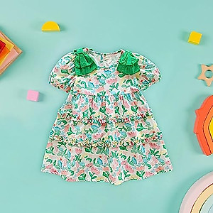 Toddler Kids Baby Girls Summer Casual Short Sleeved Floral Pattern Dress Party Princess Dress (Green, 18-24 Months)