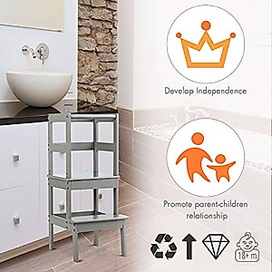 Costzon Kids Kitchen Step Stool with Safety Rail, Wood Standing Tower Learning Stool with Anti-Slip Strips for Children, Toddlers Kitchen Counter Helper Stool for Bathroom