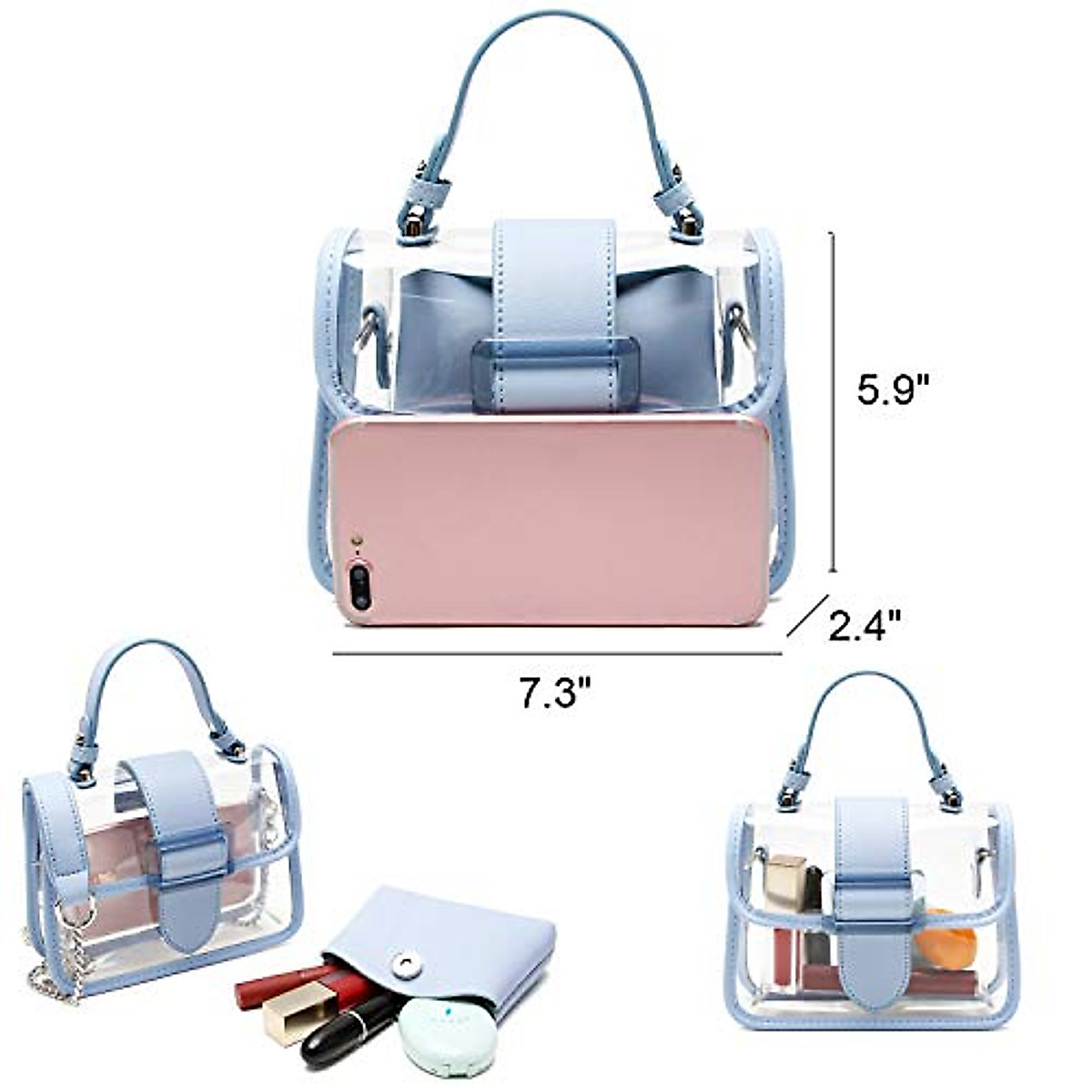 Women Clear Shoulder Bag Purse 2 in 1 Transparent Crossbody Messenger Bag Jelly Handbags Mini Clutch Casual Travel Pouch Waterproof College Cute Chain Bag for Women Grils Ladies, White
