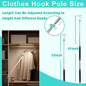 Frebuta Clothes Hook Pole Long Handle, 51In Garment Hook Reach Pole Stainless Steel Attic Pull Down Hook Pole S Hook For Plants Hang Light Rod Soft Sponge Handle StudinessDurability