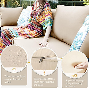 BULEXYARD High Back Brown PE Rattan Outdoor Patio Furniture Set with Propane Fire Pit Table, Large Wicker Outside Sectional Furniture Sofa Conversation Sets for Backyard(Beige, 9Pcs-A)