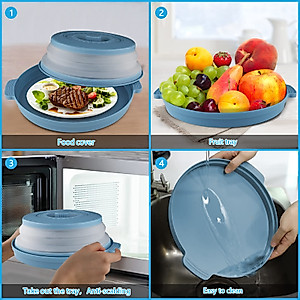 Microwave Splatter Cover with Plate Tray Set Microwave Cover for Food BPA Free 10.6 Inch Lid Microwave Splatter Guard Fit More Plates（Blue）