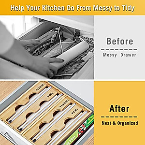 Wizsofer 2 in 1 Foil and Plastic Wrap Organizer, Bamboo Plastic Wrap Dispenser with Cutter and Labels, Plastic Wrap, Wax Paper, Aluminum Foil Organization and Storage for Drawer, Fits with 12" Roll