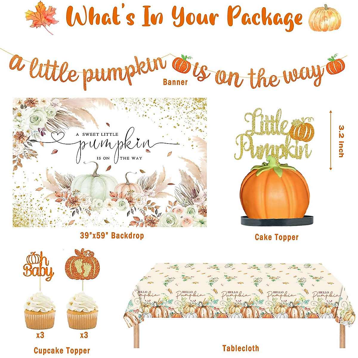 Hombae Little Pumpkin Baby Shower Decorations, Thanksgiving Fall Themed Baby Shower Decorations, A Sweet Little Pumpkin is On The Way Backdrop Banner Balloon Tablecloth Cake Cupcake Topper 169PCs