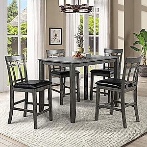Woanke Set for 4, Vintage Rectangular Counter Height Bar Table with 4 Chairs for Dining Room, Pub and Bistro, Antique Graywash 5 Pcs