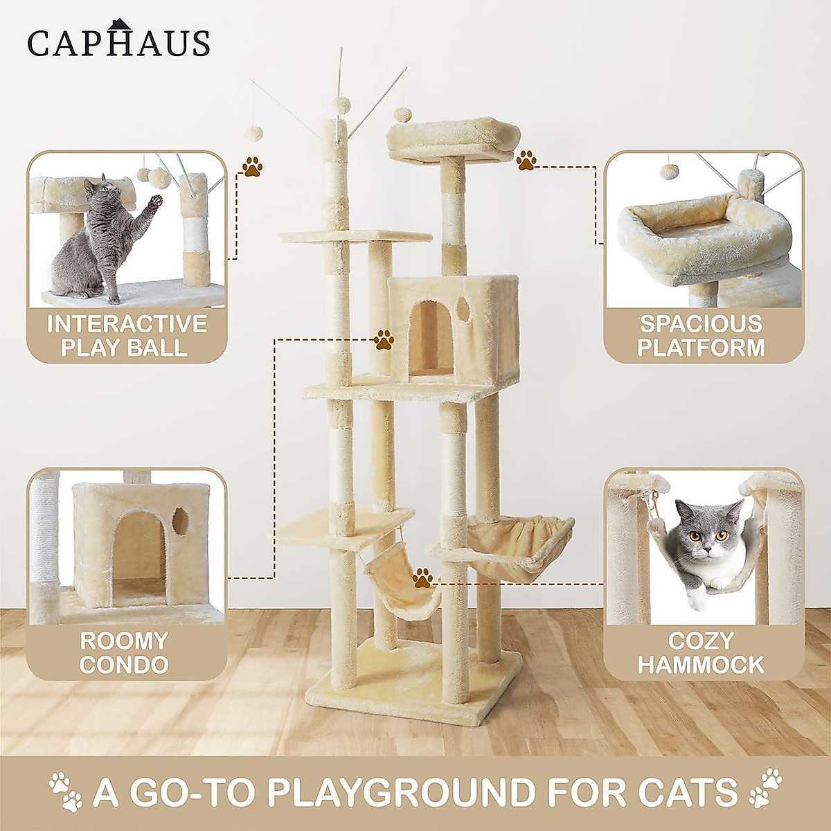 CAPHAUS 70-Inch Activity Tree with Hammock, Multi-Level Modern Cat Climbing Play Tower w Tall Top Perch, Cat Cave Condo, Indoor Cat Treew Cute Scratching Posts for Large Cats Kittens