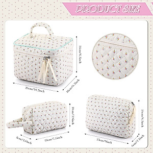 Paterr 3 Pieces Cotton Quilted Makeup Bag Set Coquette Cosmetic Bag Aesthetic Travel Toiletry pouch Cute Pouch Kawaii Aesthetic for Women(White,Little Flower)