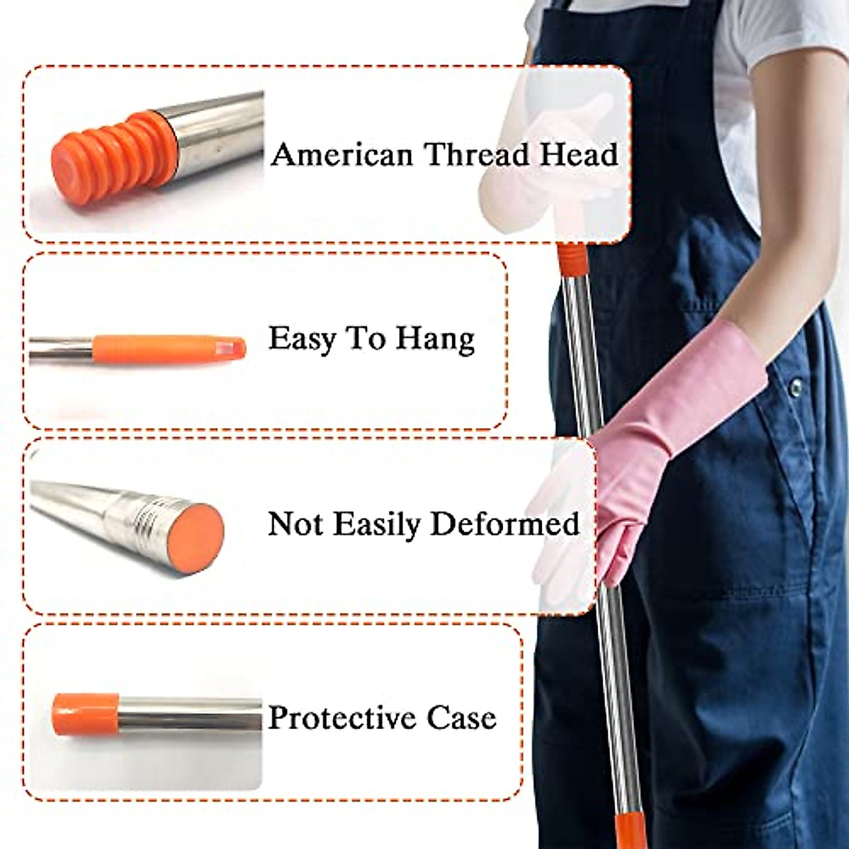 cosbur Spin Mop Handle Replacement, 4-Section Mop Handle Replacement for Spin Mop, Stainless Steel Mop Pole Handle for Commercial Mop and Mop Refills, Cleaning Tools Accessories(Orange)