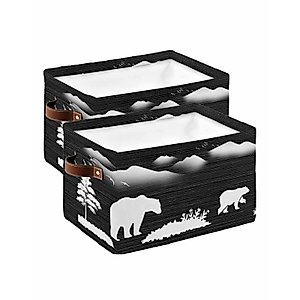 Bear Black Cube Storage Organizer Bins with Handles 2 Packs 15x11x9.5 Inch Collapsible Canvas Cloth Fabric Storage Basket for Shelves,Closet Forest Animal Tree Birds Abstract Mountain White