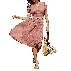 GRACE KARIN Women's Summer Puff Sleeve Flowy Dress 2023 V Neck Smocked Boho Floral A Line Tiered Midi Dresses Orange Pink
