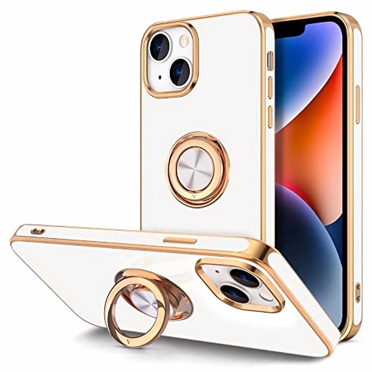 Hython Case for iPhone 14 Case with Ring Stand [360° Rotatable Ring Holder Magnetic Kickstand] [Support Car Mount] Plated Gold Edge Slim Soft TPU Luxury Shockproof Protective Phone Case Cover, White