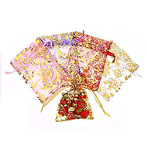 SumDirect Pink Drawstring Organza Bags - 100Pcs 4×5 Inches Pink Rose Sheer Jewelry Gift Bags, Small Mesh Candy Bags for Wedding Party Festival