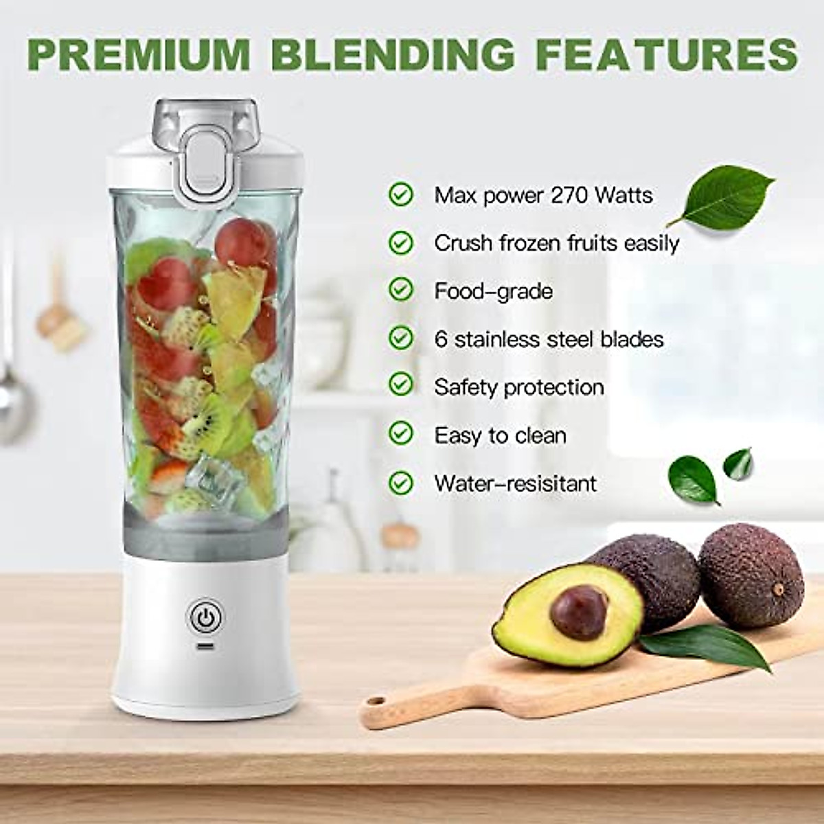 Portable Blender Personal Blender for Shakes and Smoothies with 20 Oz Travel Cup and Lid for Traveling, Outdoor, Gym, Office. (White)