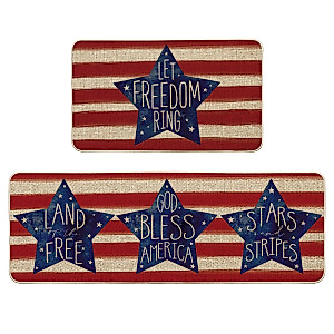 Artoid Mode Stripes Let Freedom Ring Kitchen Mats Set of 2, 4th of July Patriotic Liberty - 17x29 and 17x47 Inch