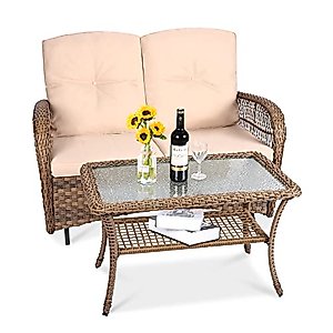 VIVIJSAON 2-Piece Patio Wicker Loveseat Glider Set Cushioned, Outdoor Conversation Furniture Sets with 2-Seater Glider Rocking Bench, Coffee Table and Cushions for Porch Garden Poolside, Light Brown