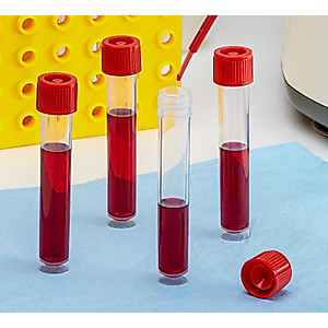 Globe Scientific Transport Tube, 10mL, Separate Red Screw Cap with Recess for Swab, STERILE, PP, Round Bottom, Self-Standing, Bulk Packed, 2 x 500 Tubes/Bag & 1 x 1000 Caps/Bag (1000 pcs)